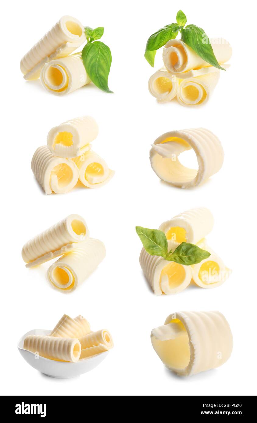 Collage of delicious butter rolls on white background Stock Photo - Alamy