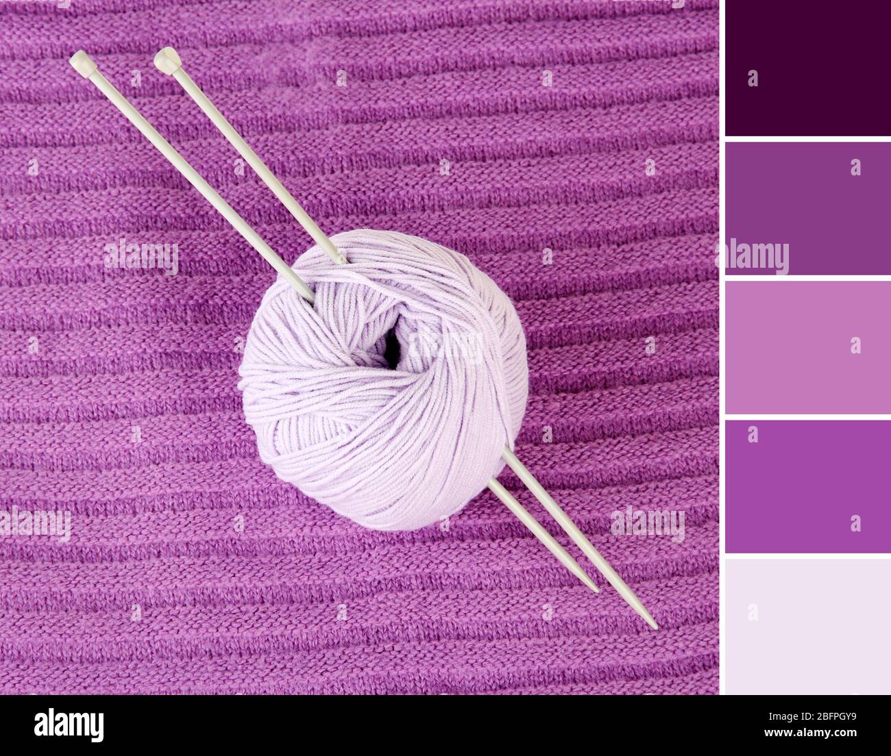 Color matching palette. Ball of yarn with needles on lilac textile ...