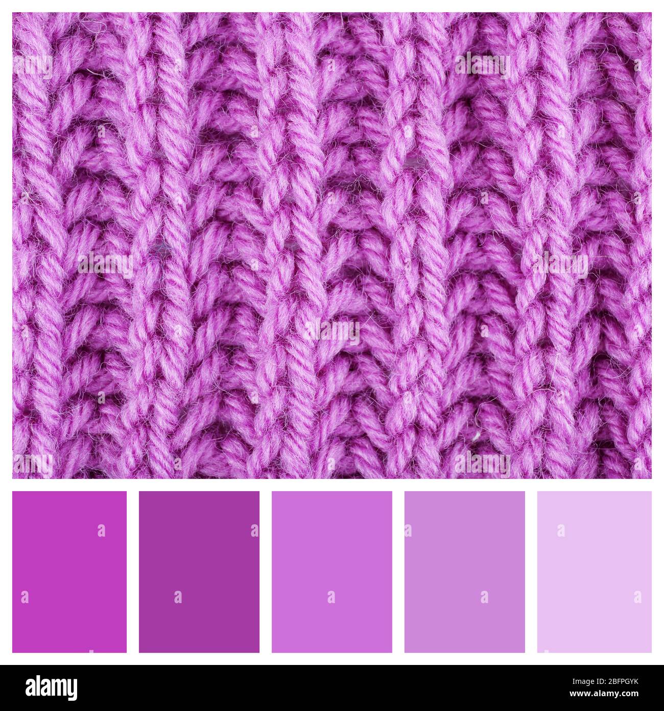 Color matching palette. Lilac knitted cloth as background, closeup ...