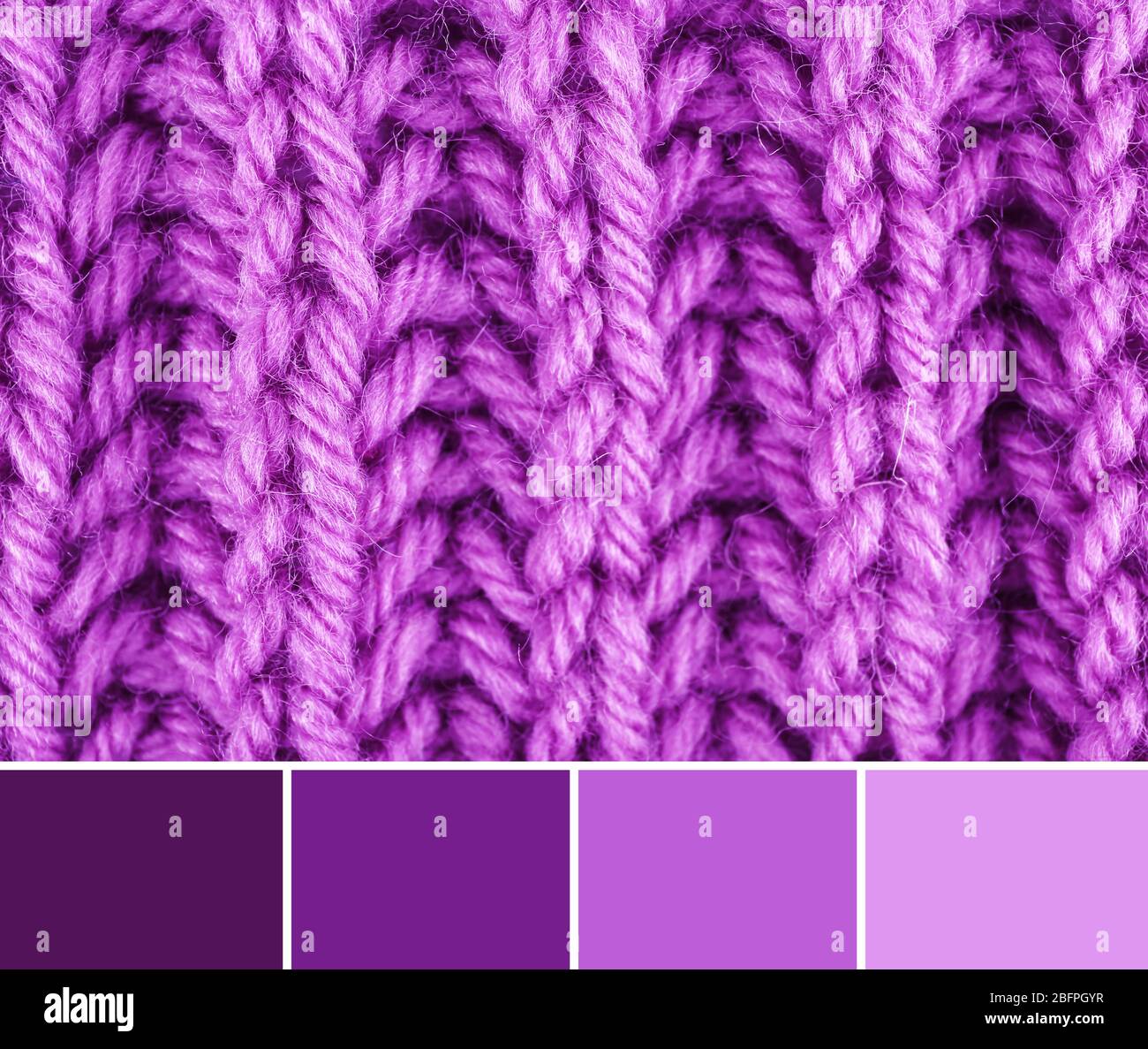 Color matching palette. Lilac knitted cloth as background, closeup ...