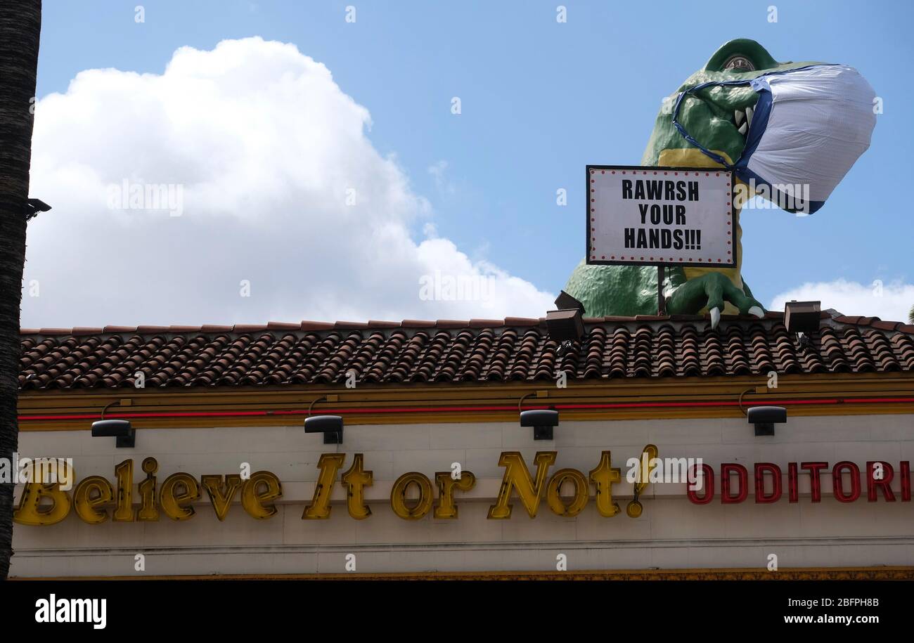 Los Angeles, California, USA. 19th Apr, 2020. The statue of T-Rex atop ...