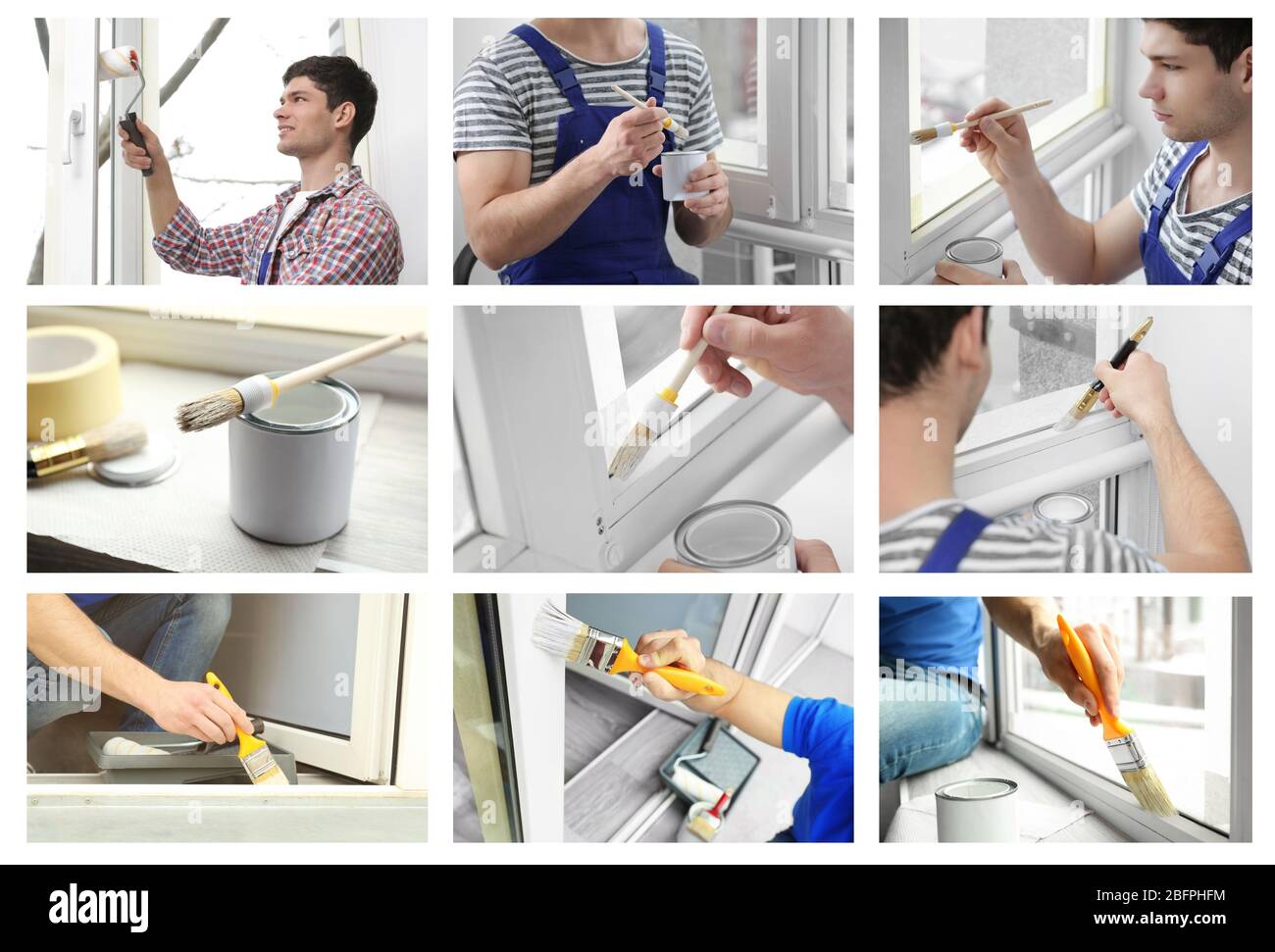 Collage of man painting window frame. Home renovation concept Stock ...