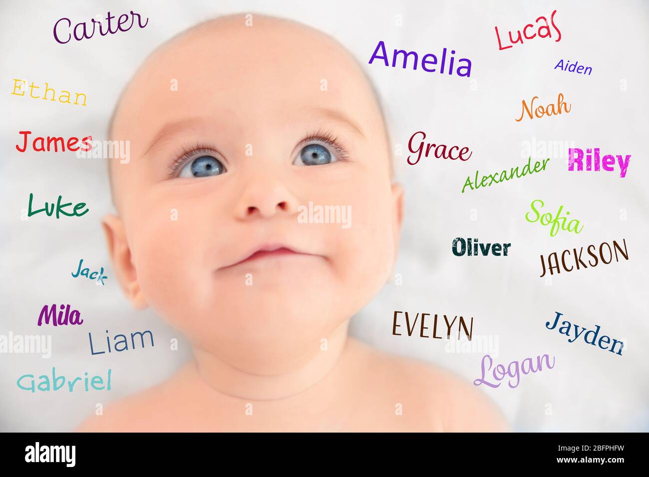 Baby names concept. Cute little child on light background, closeup ...
