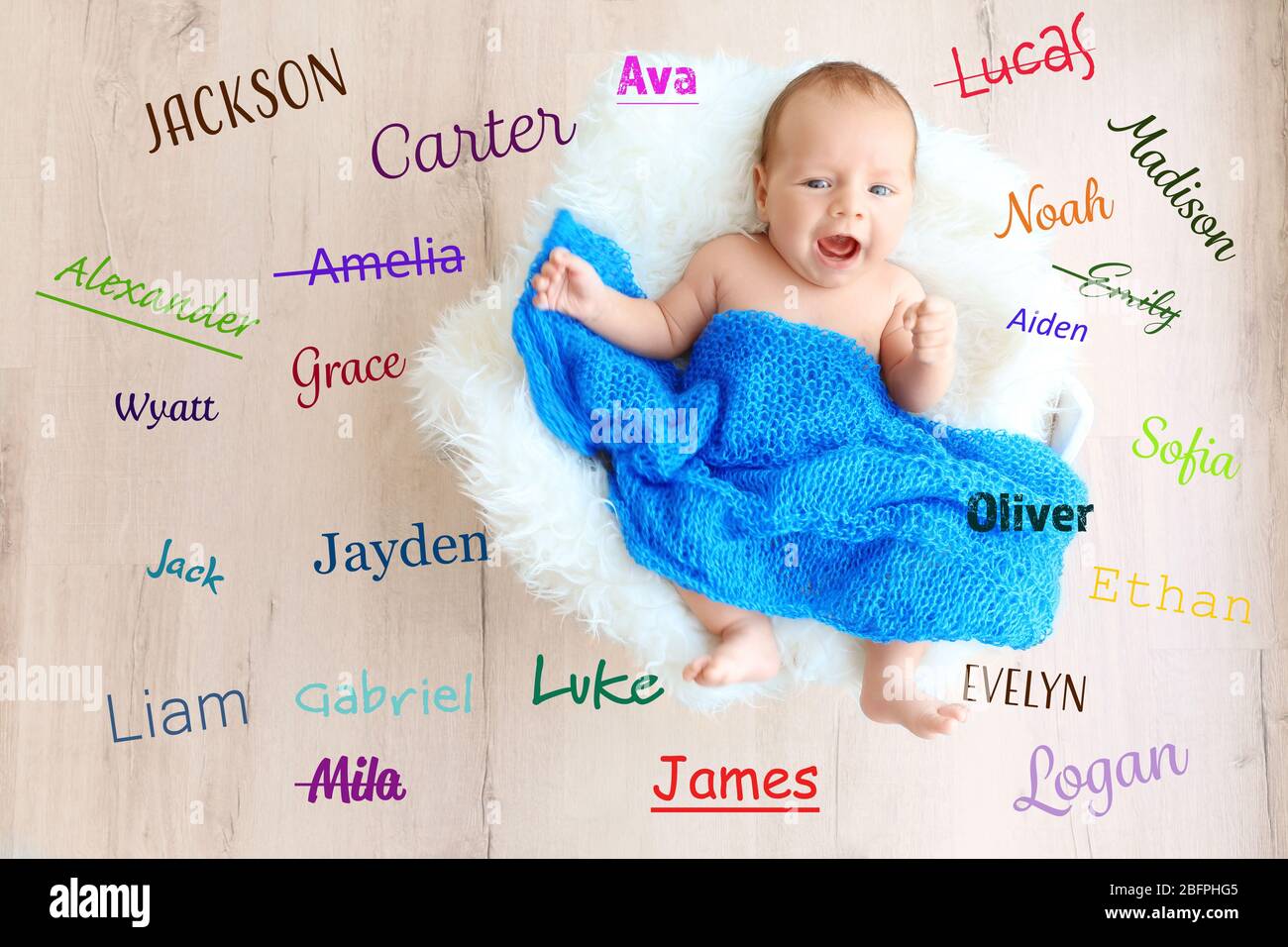 Baby names concept. Cute little child lying on fluffy plaid Stock Photo ...