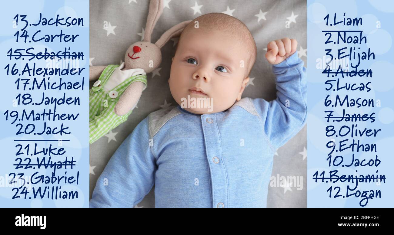 Baby names concept. Cute little boy lying on bed Stock Photo - Alamy