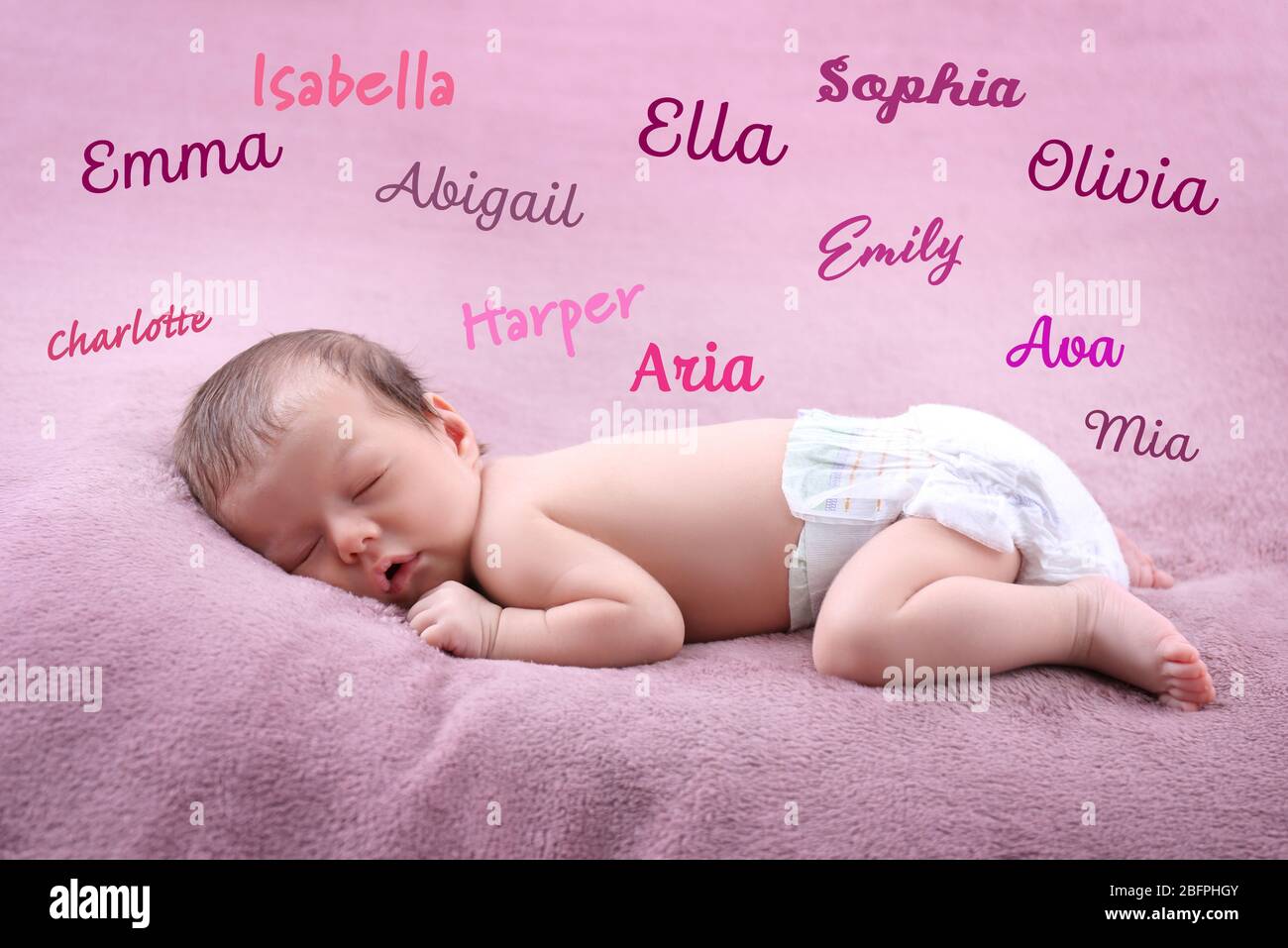 Baby names concept. Cute little girl sleeping on plaid Stock Photo - Alamy