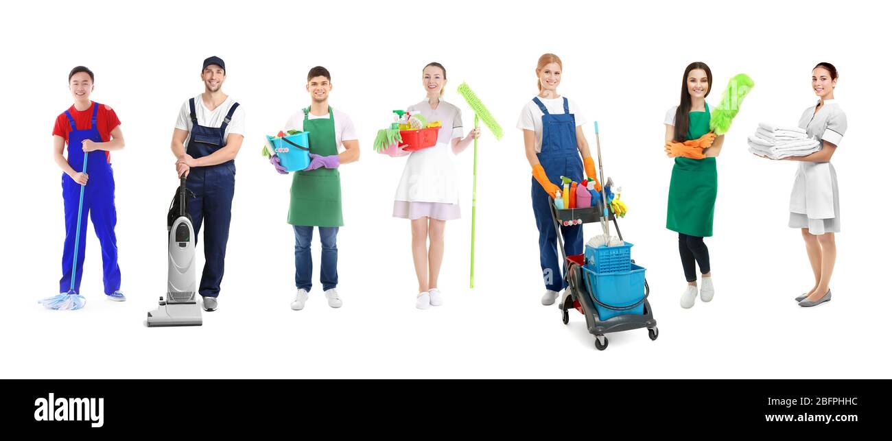 Professional staff of cleaning service on white background Stock Photo ...