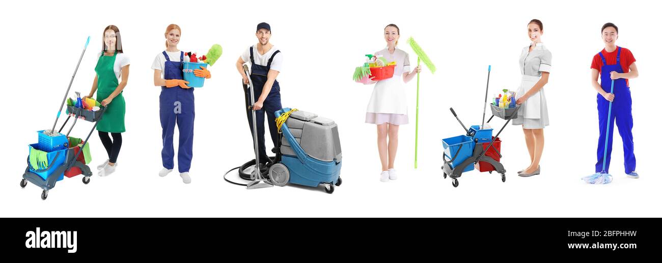 Professional staff of cleaning service on white background Stock Photo ...