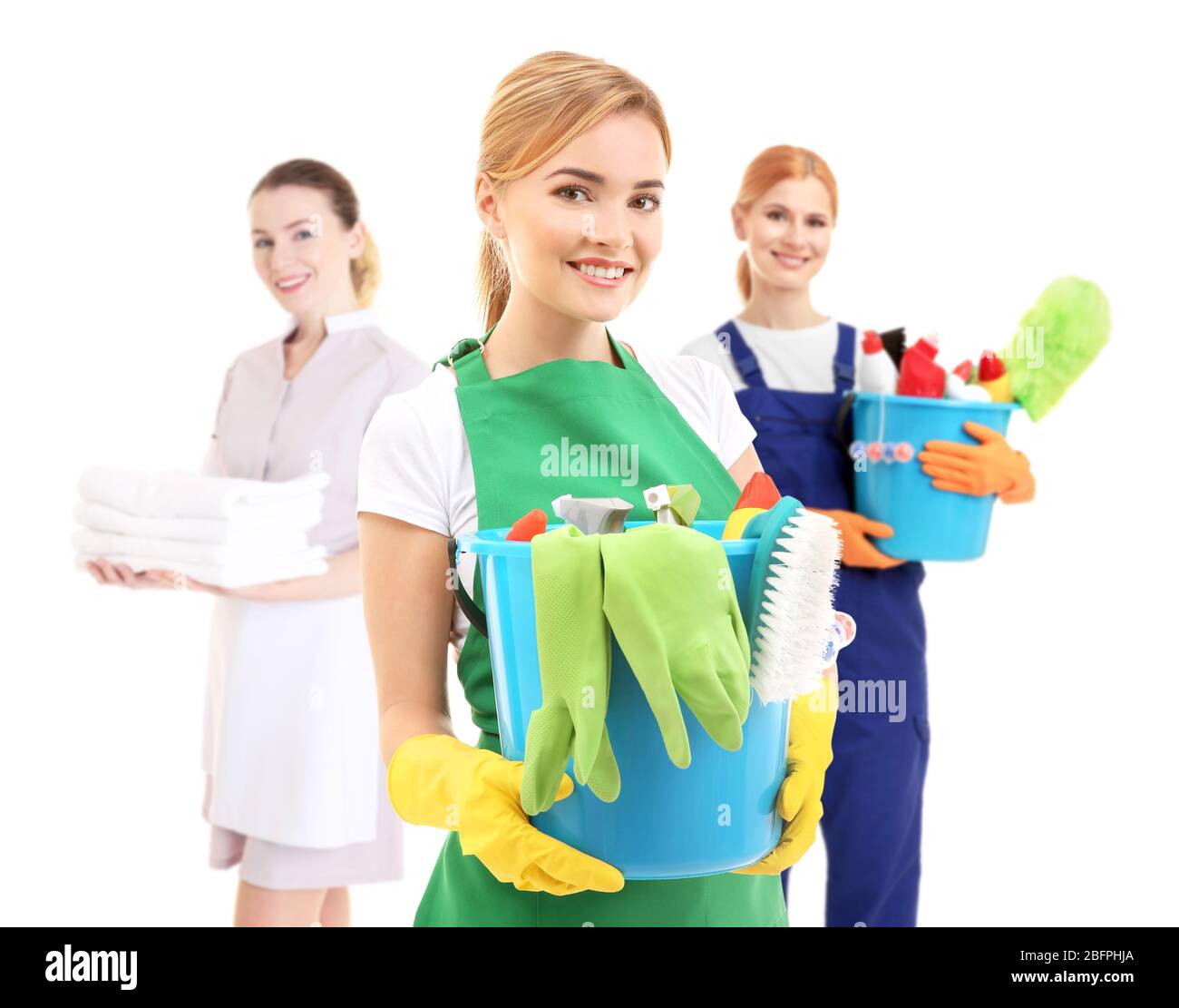 Janitor and professional team of cleaning service on white background ...