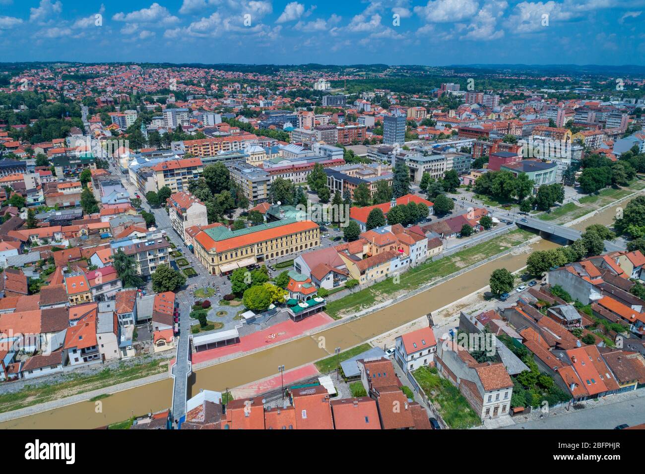 Valjevo, aerial drone view of city in Serbia, administrative center of ...