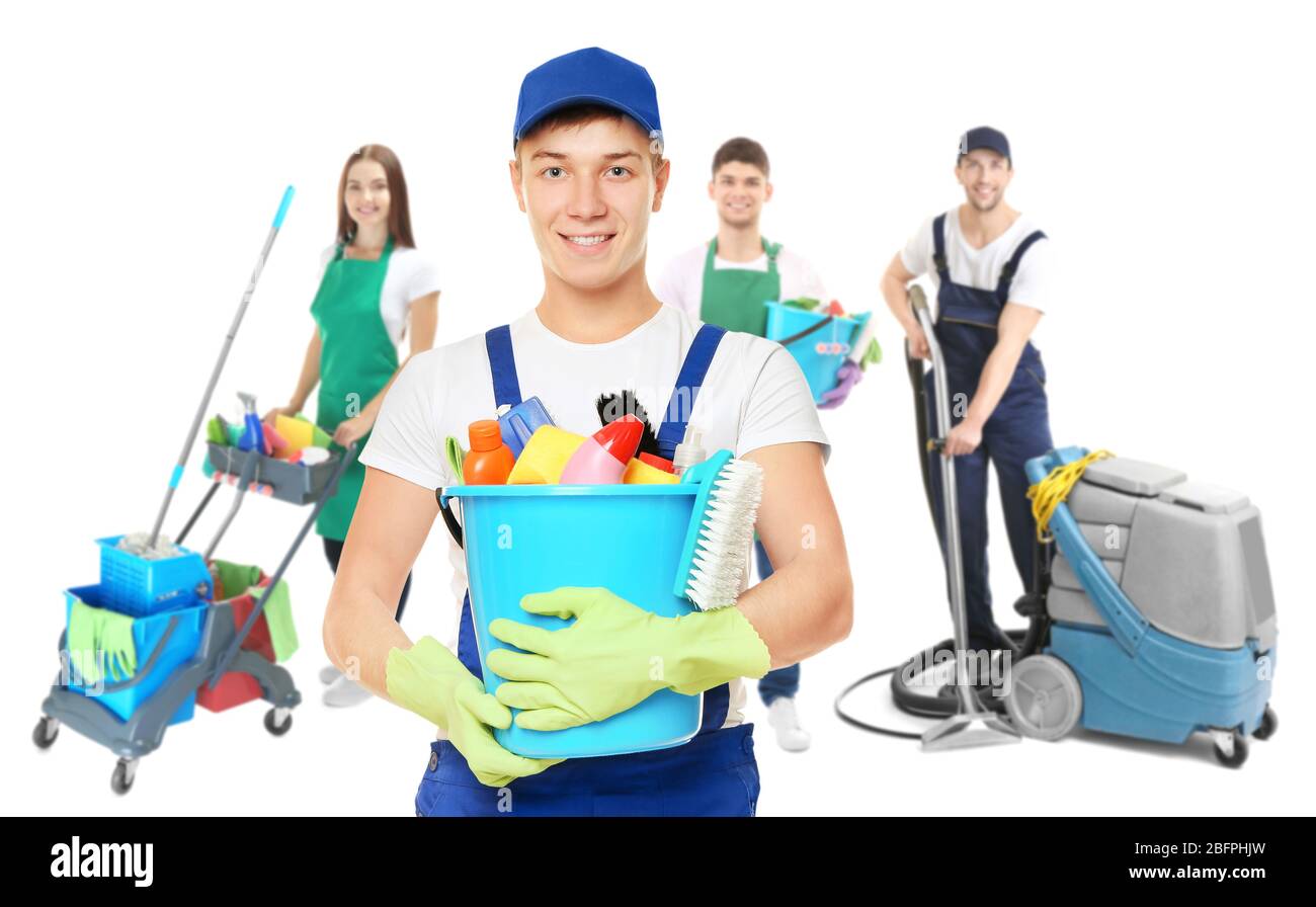 Janitor and professional team of cleaning service on white background ...