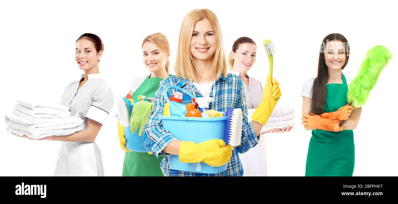 Janitor and professional team of cleaning service on white background ...