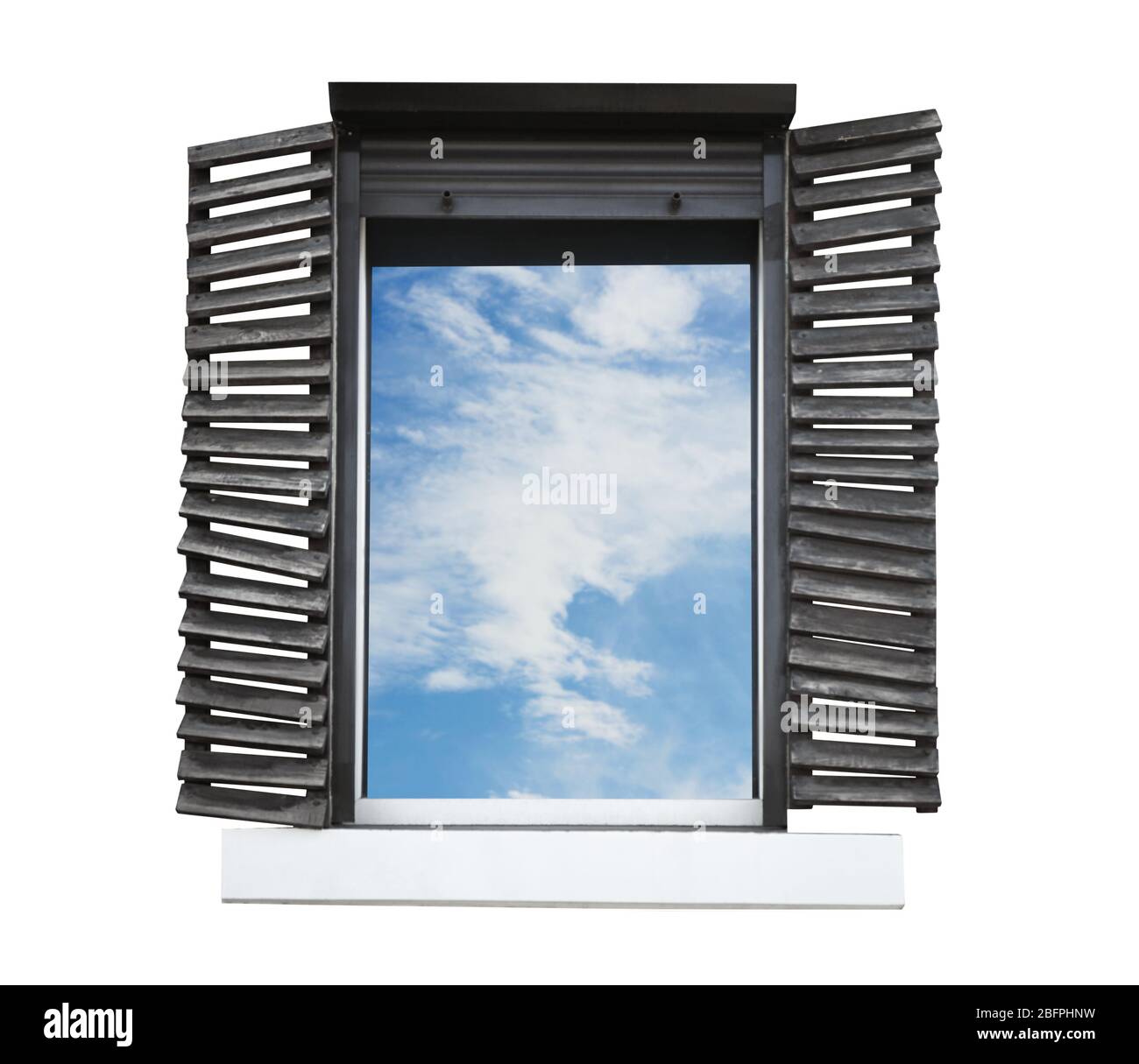 View of blue sky through window on white background Stock Photo - Alamy