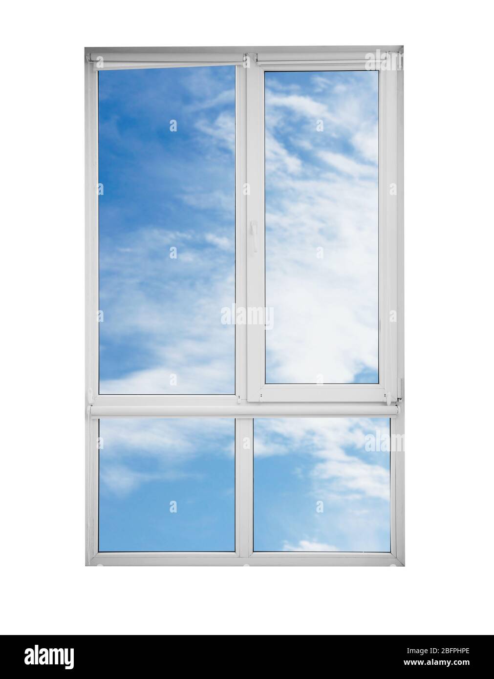 View of blue sky through window on white background Stock Photo - Alamy