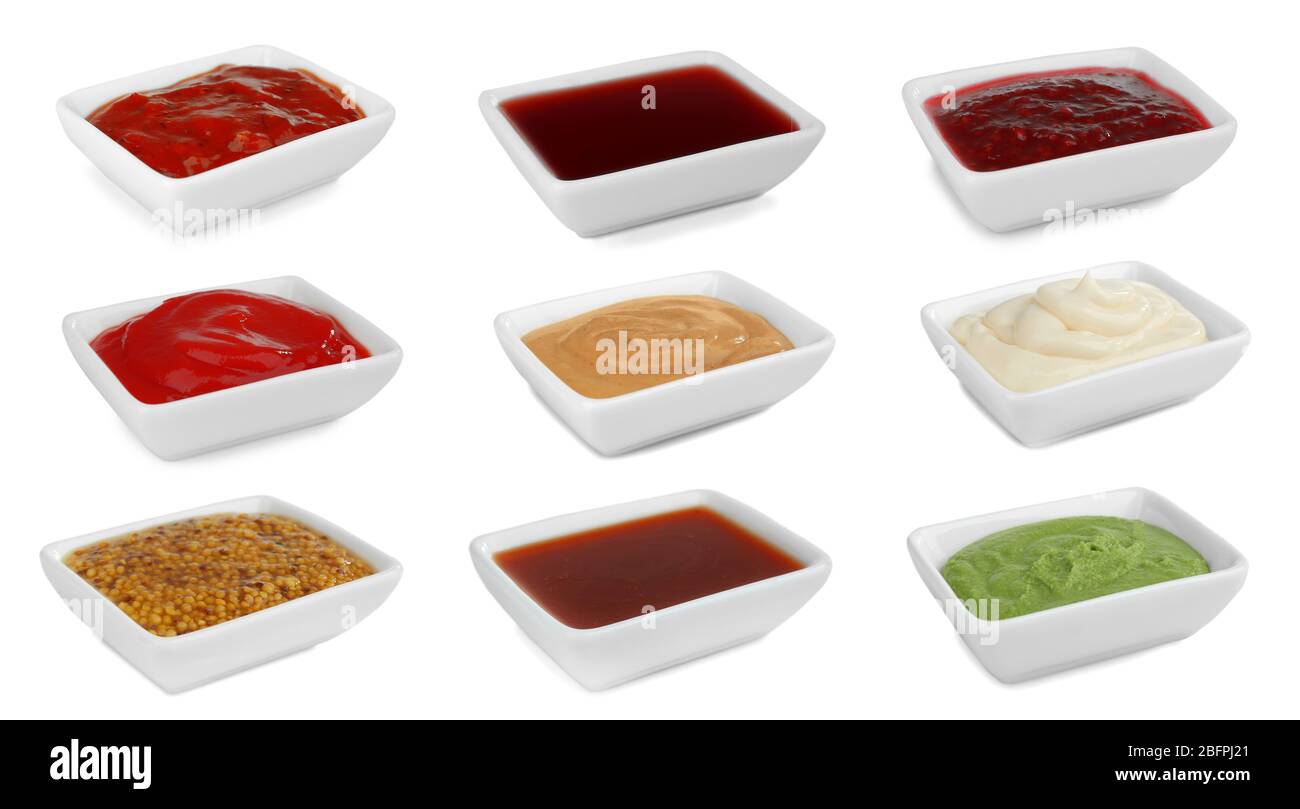 Set of different sauces on white background Stock Photo - Alamy