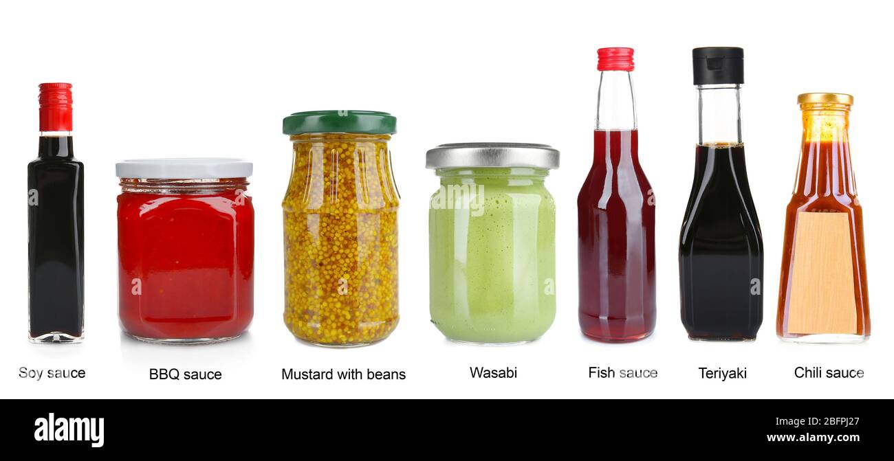 Set of different sauces with names on white background Stock Photo - Alamy