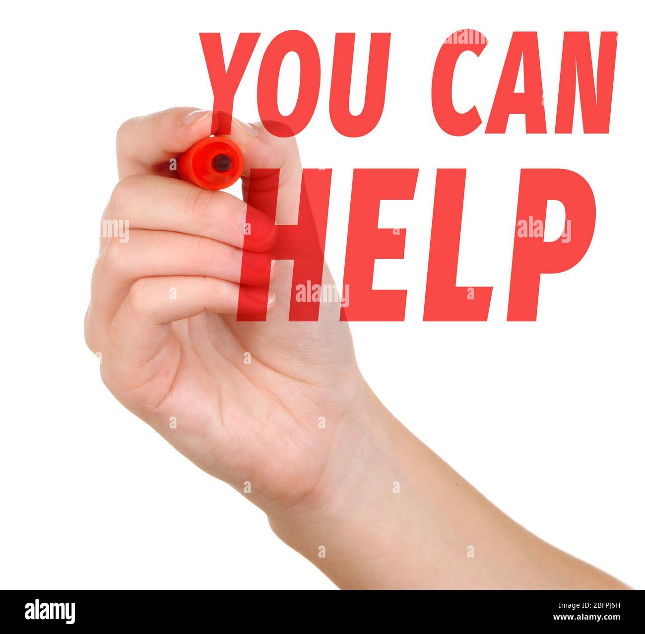Woman writing text YOU CAN HELP against white background. Volunteer ...