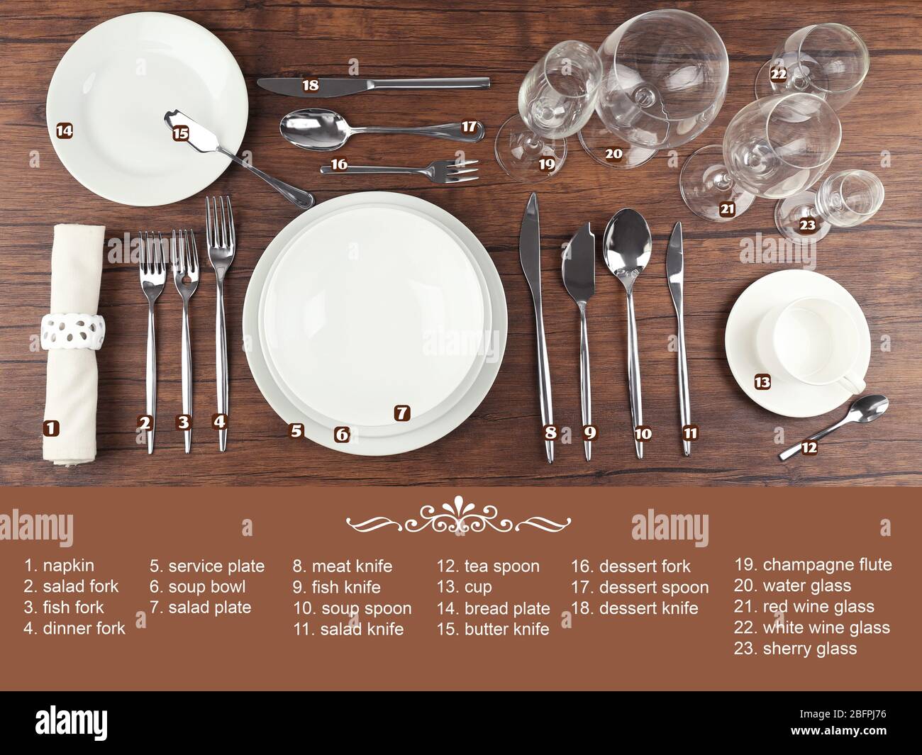 Arrangement of dishware and cutlery on wooden background. Table setting ...