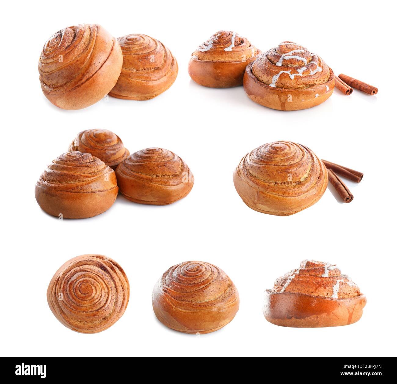 Set of delicious cinnamon buns on white background Stock Photo - Alamy