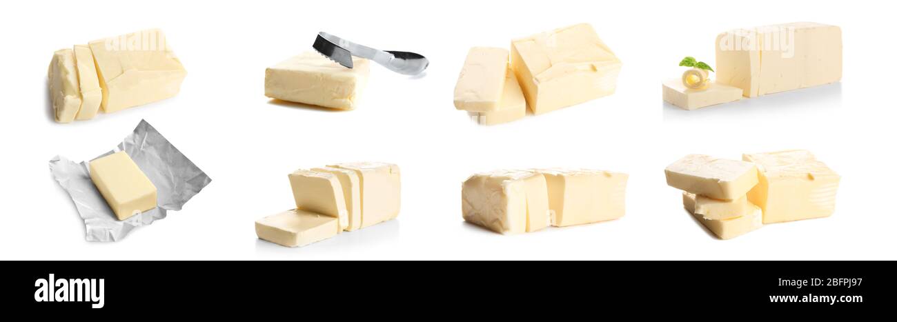Collage of butter on white background Stock Photo - Alamy