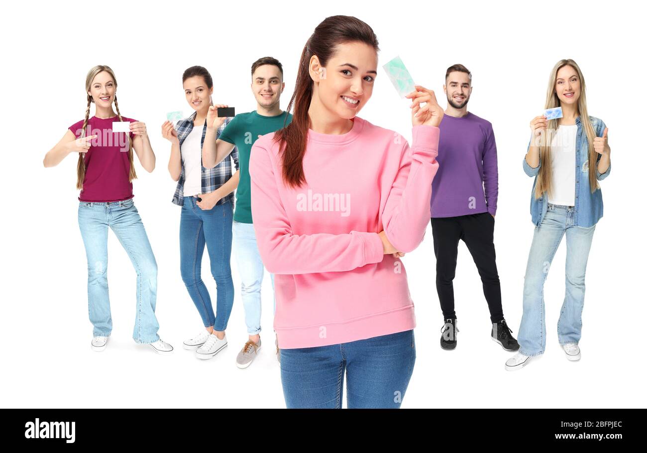 Group of people holding blank business cards on white background Stock ...