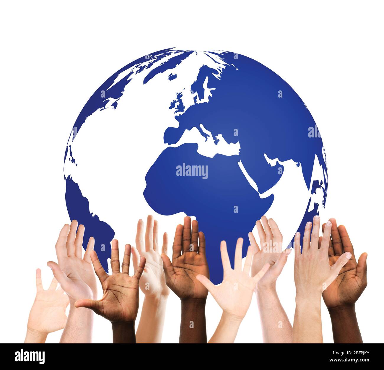People raising hands and globe on white background. Concept of worldwide unity and environment ...