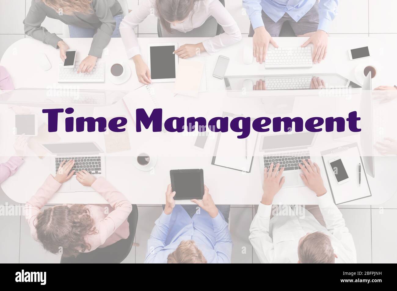 Time management concept. People working with computers and gadgets in ...