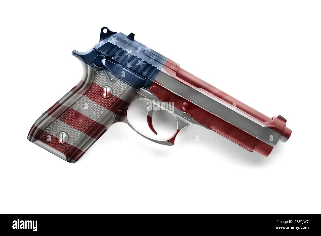 Firearm with pattern of American flag on white background. Gun control ...