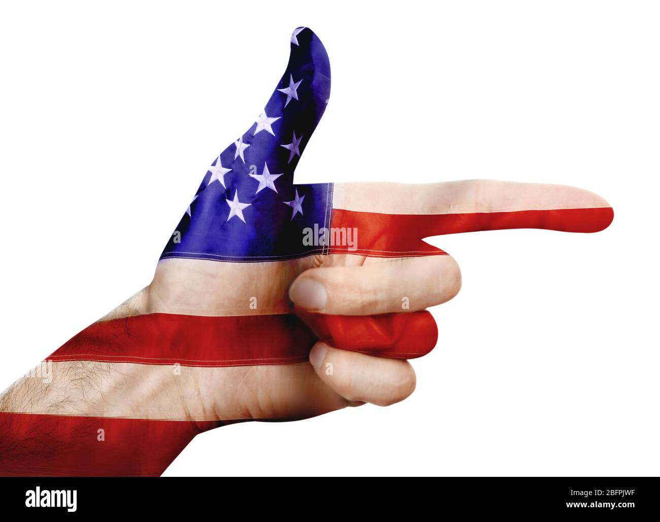 Double exposure of American flag and man making firearm gesture on ...