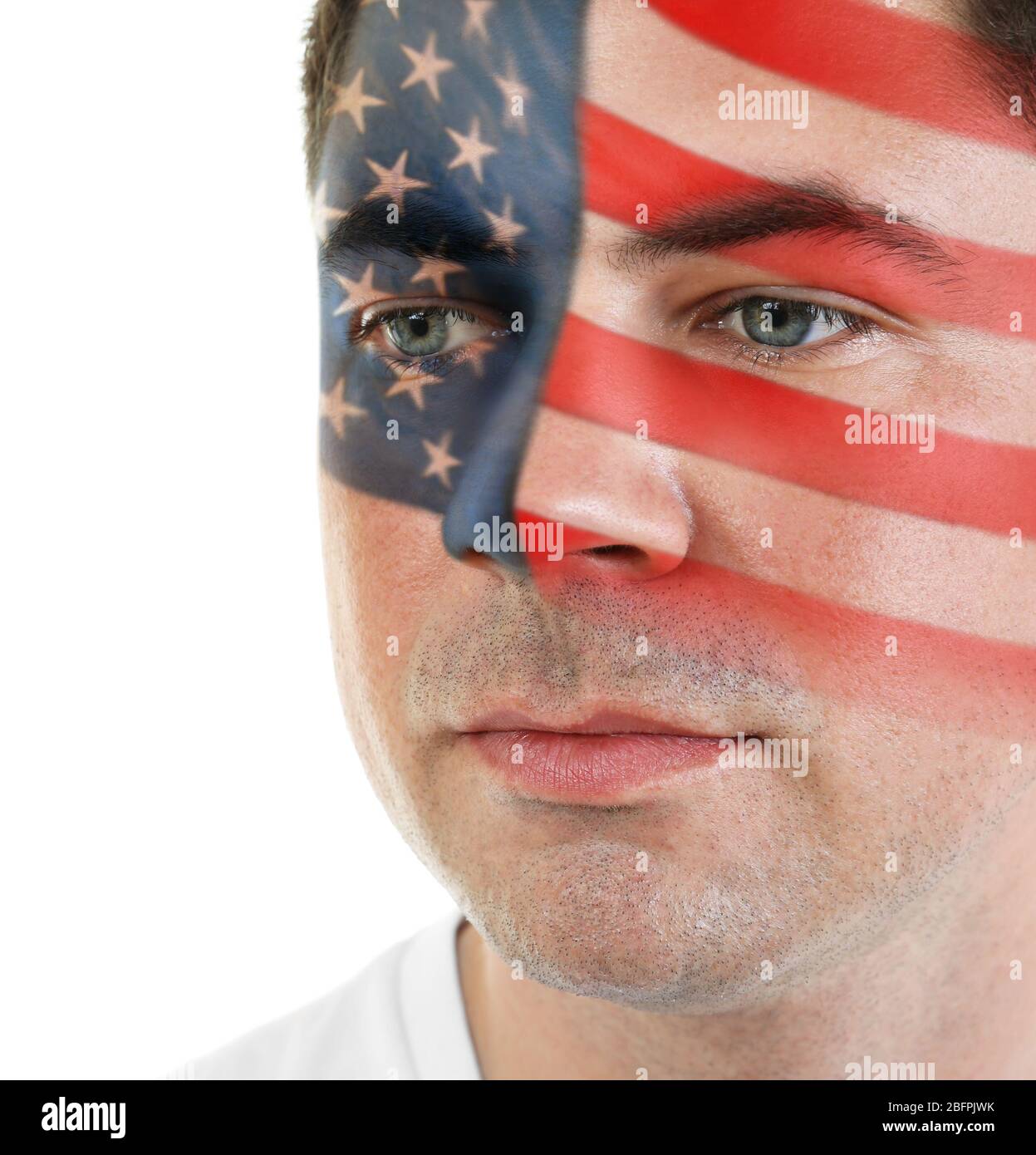 Patriotic concept. Man with painted face as American flag on white ...