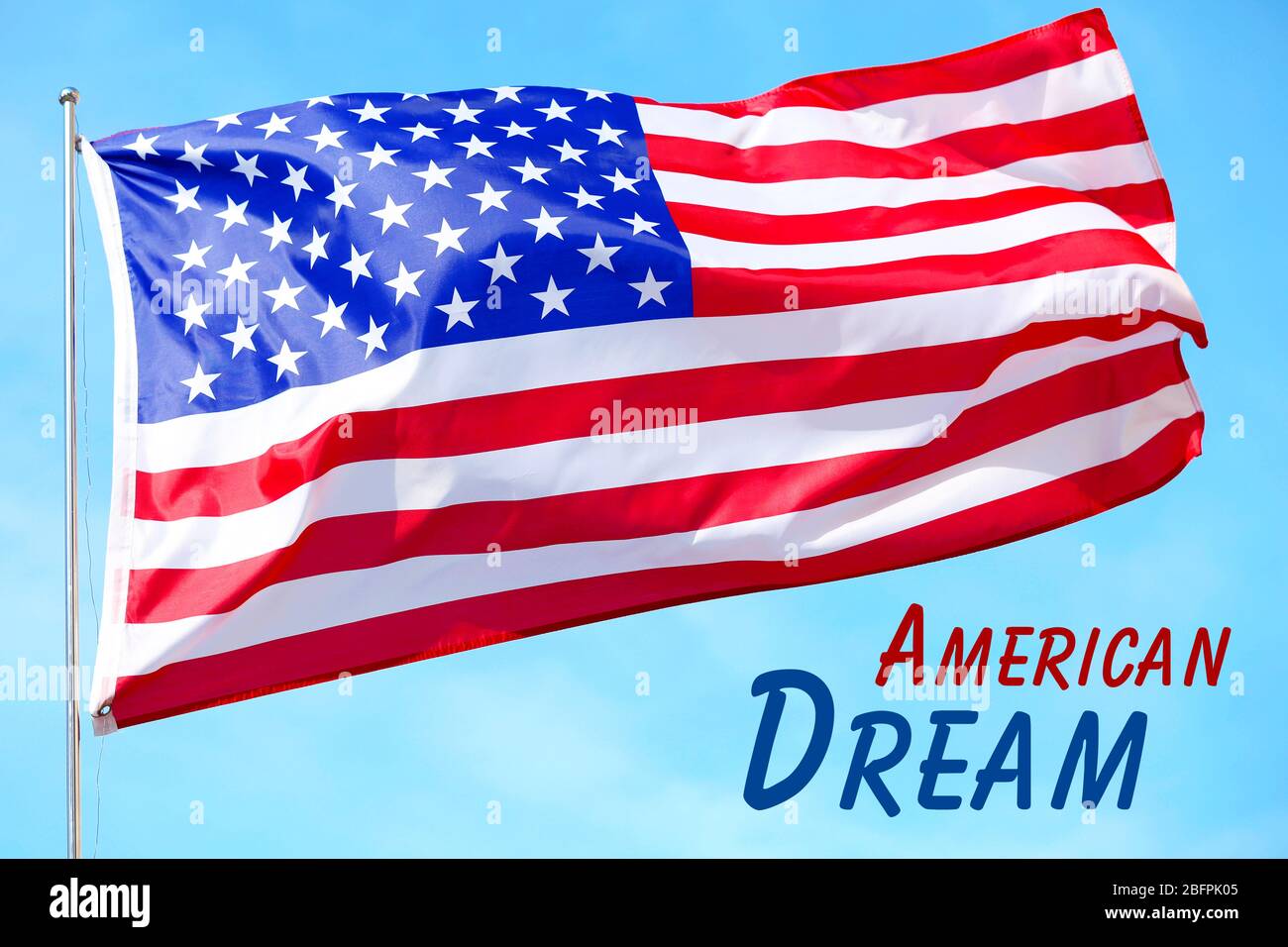 Text AMERICAN DREAM and waving USA flag on sky background Stock Photo ...