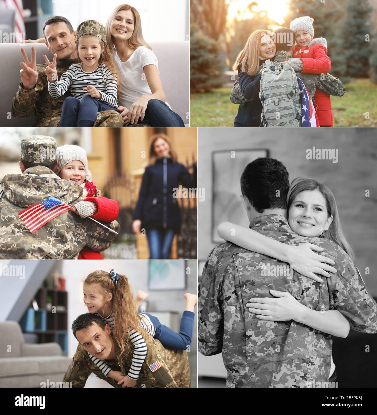 Collage of soldier reunited with family. Concept of patriotism and ...