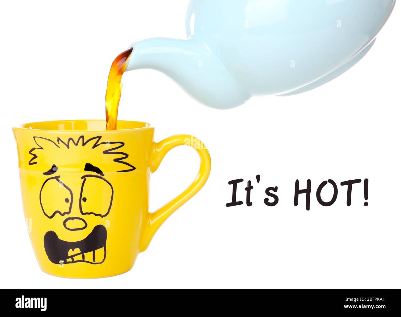 Text IT'S HOT and pouring tea into cup with funny face on white ...