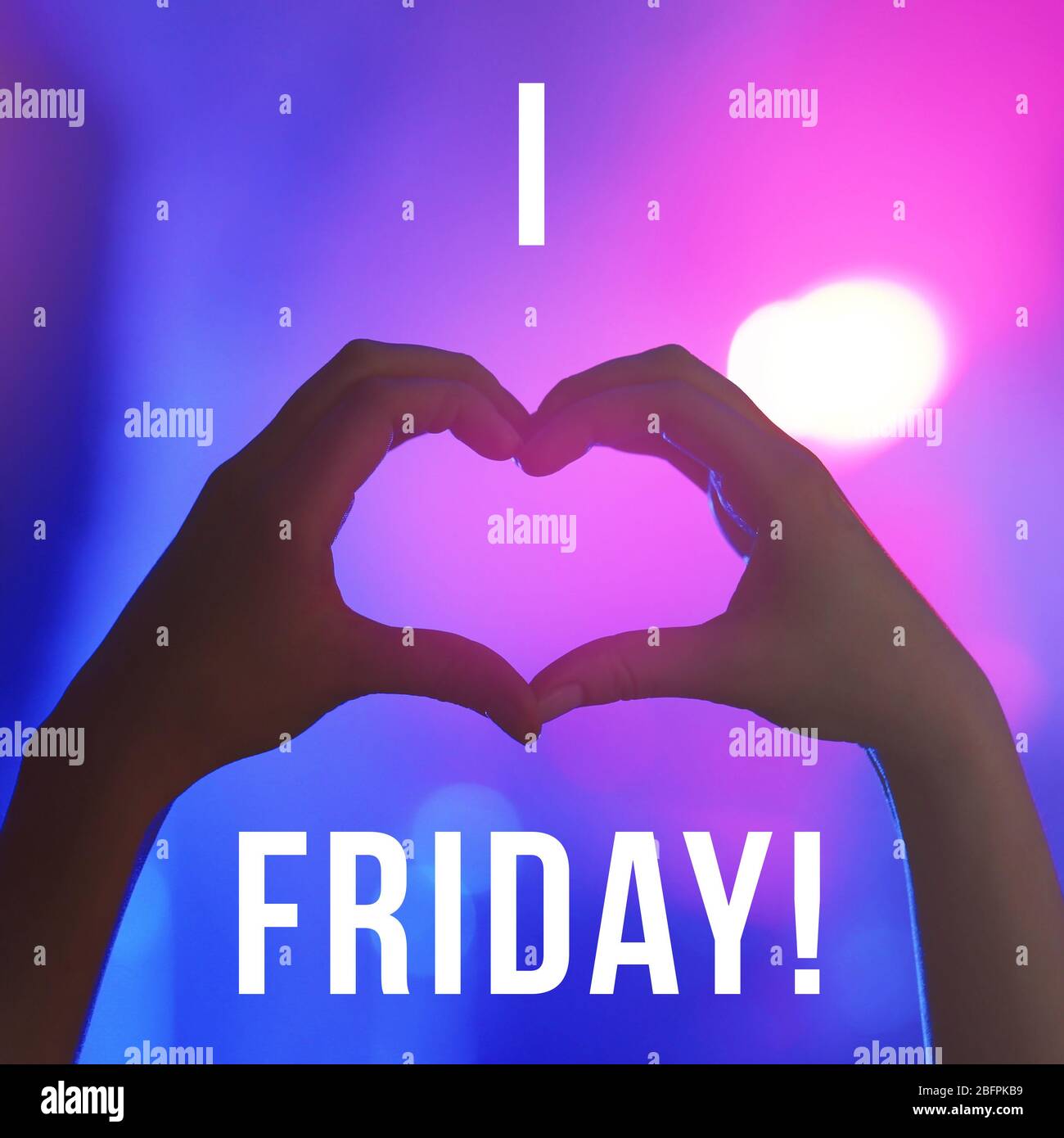 Woman making heart of hands as message I LOVE FRIDAY on blurred ...