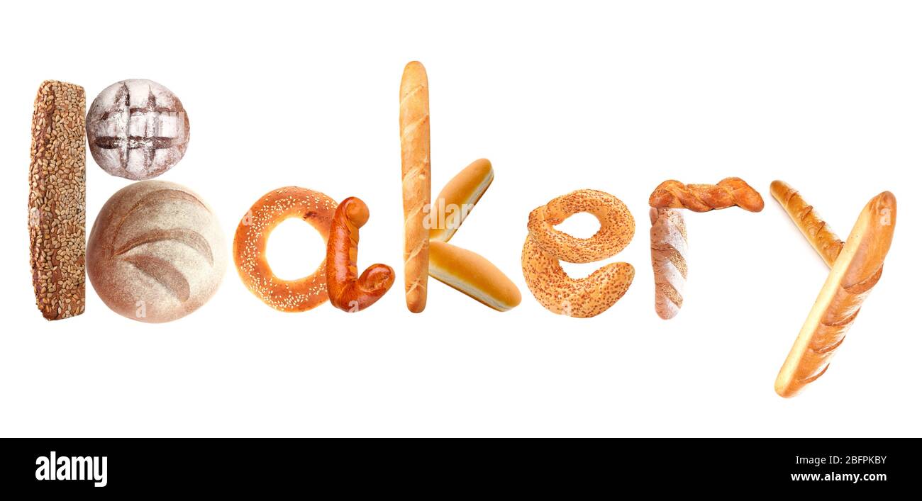 Word BAKERY made of fresh bread on white background Stock Photo - Alamy
