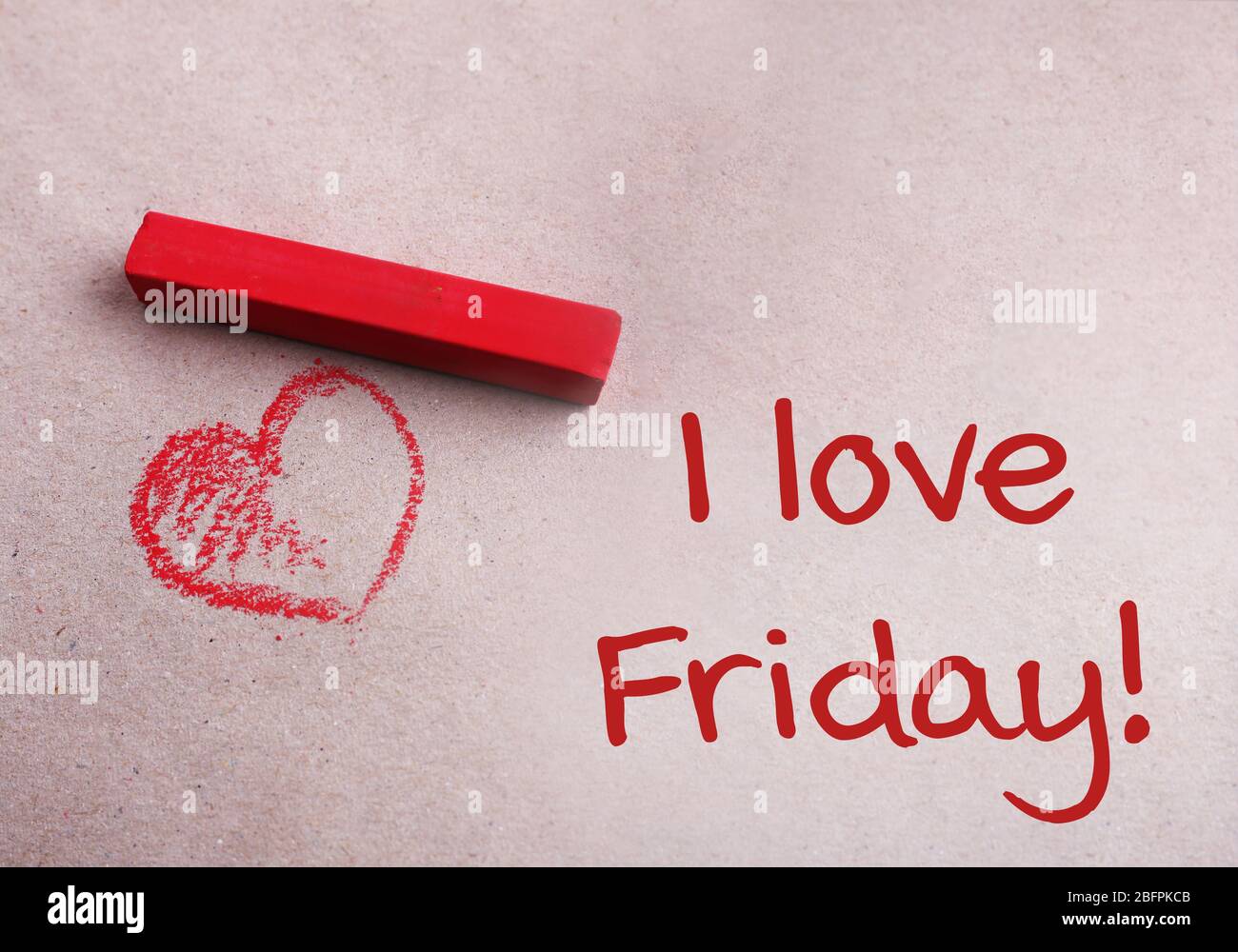 Pastel chalk, red heart and text I LOVE FRIDAY on paper background ...