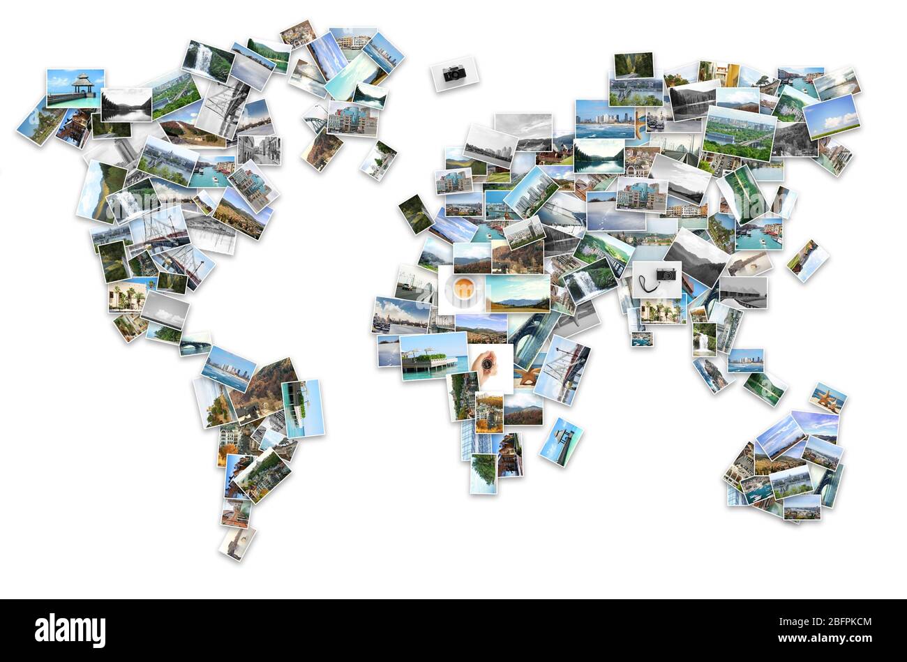 World map of photos from different places on white background. Concept ...