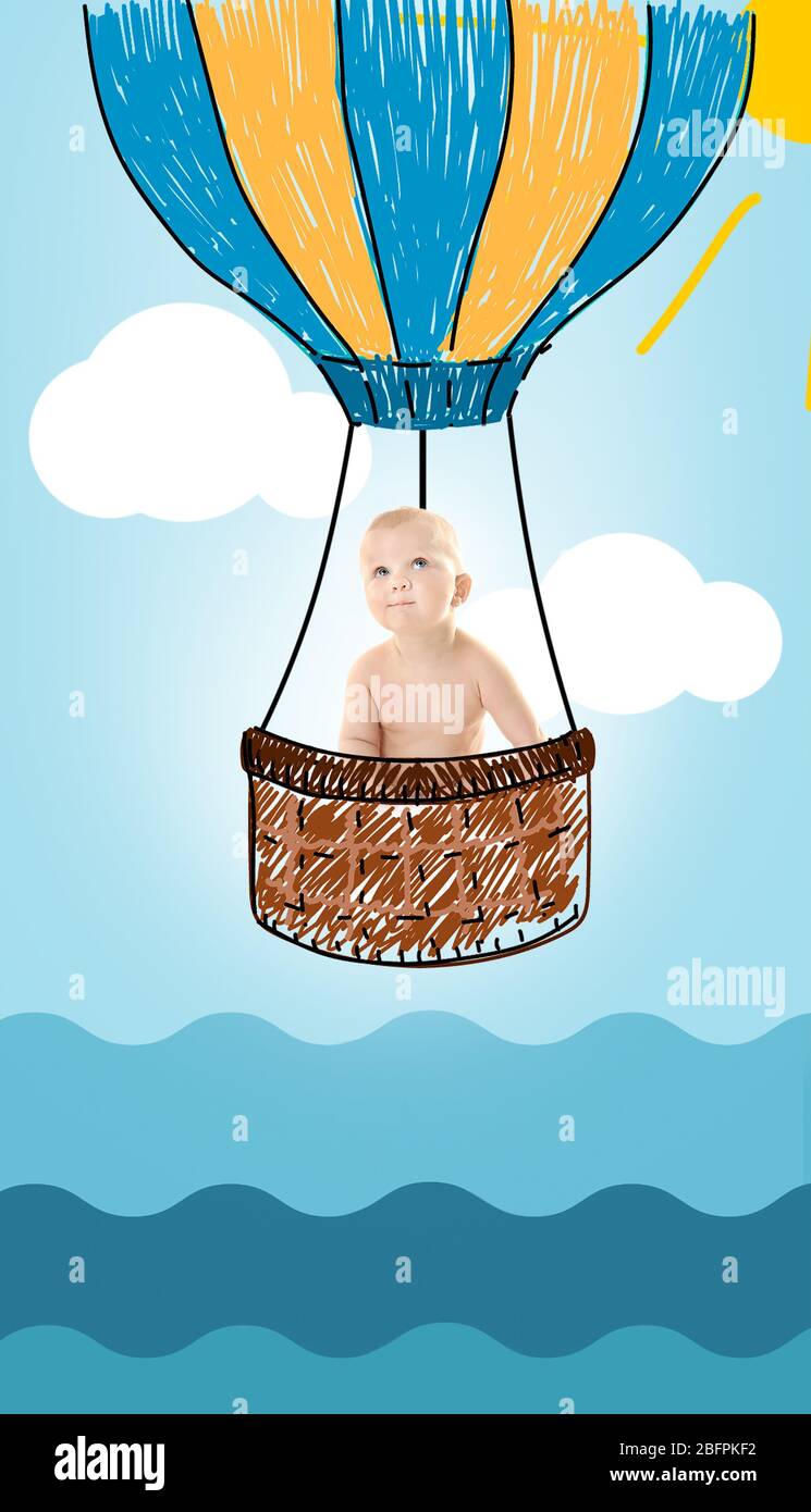 Baby boy flying on drawn air balloon. Childhood and fairy adventure ...