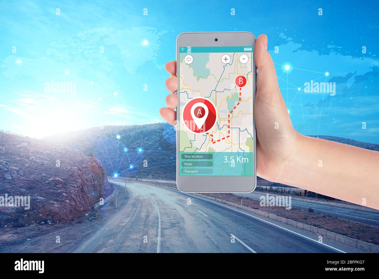 Travel apps concept. Woman using map application in smartphone for ...