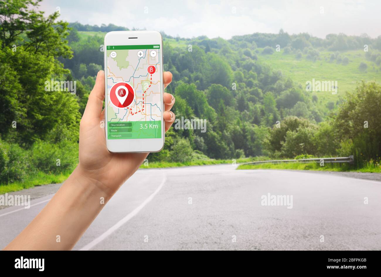 Travel apps concept. Woman using map application in smartphone for ...