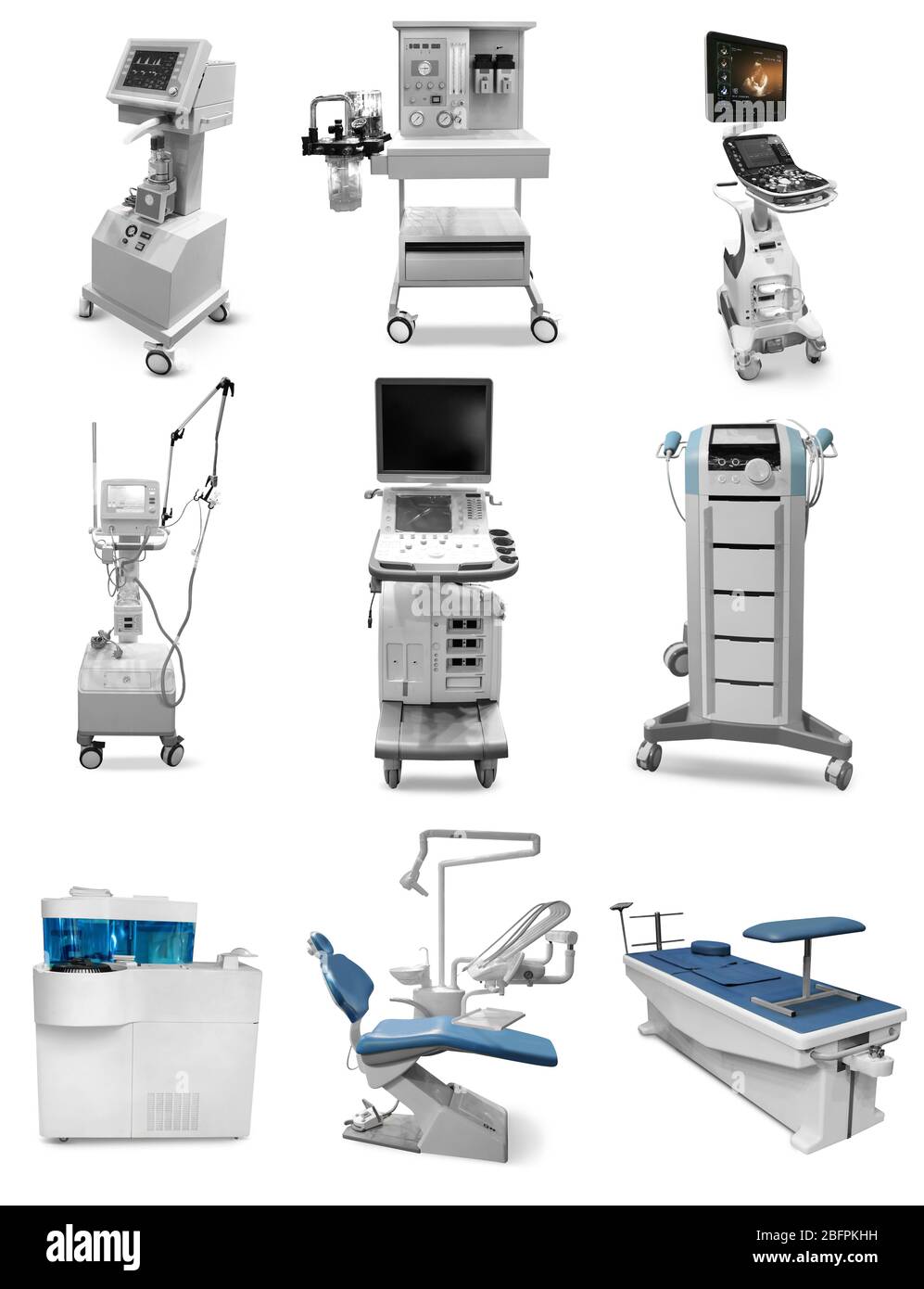 Different modern hospital equipment on white background Stock Photo - Alamy