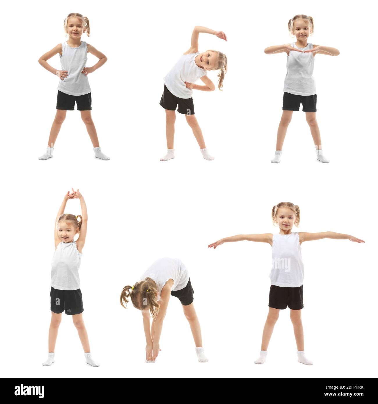 Collage of cute little girl doing gymnastic exercises on white ...