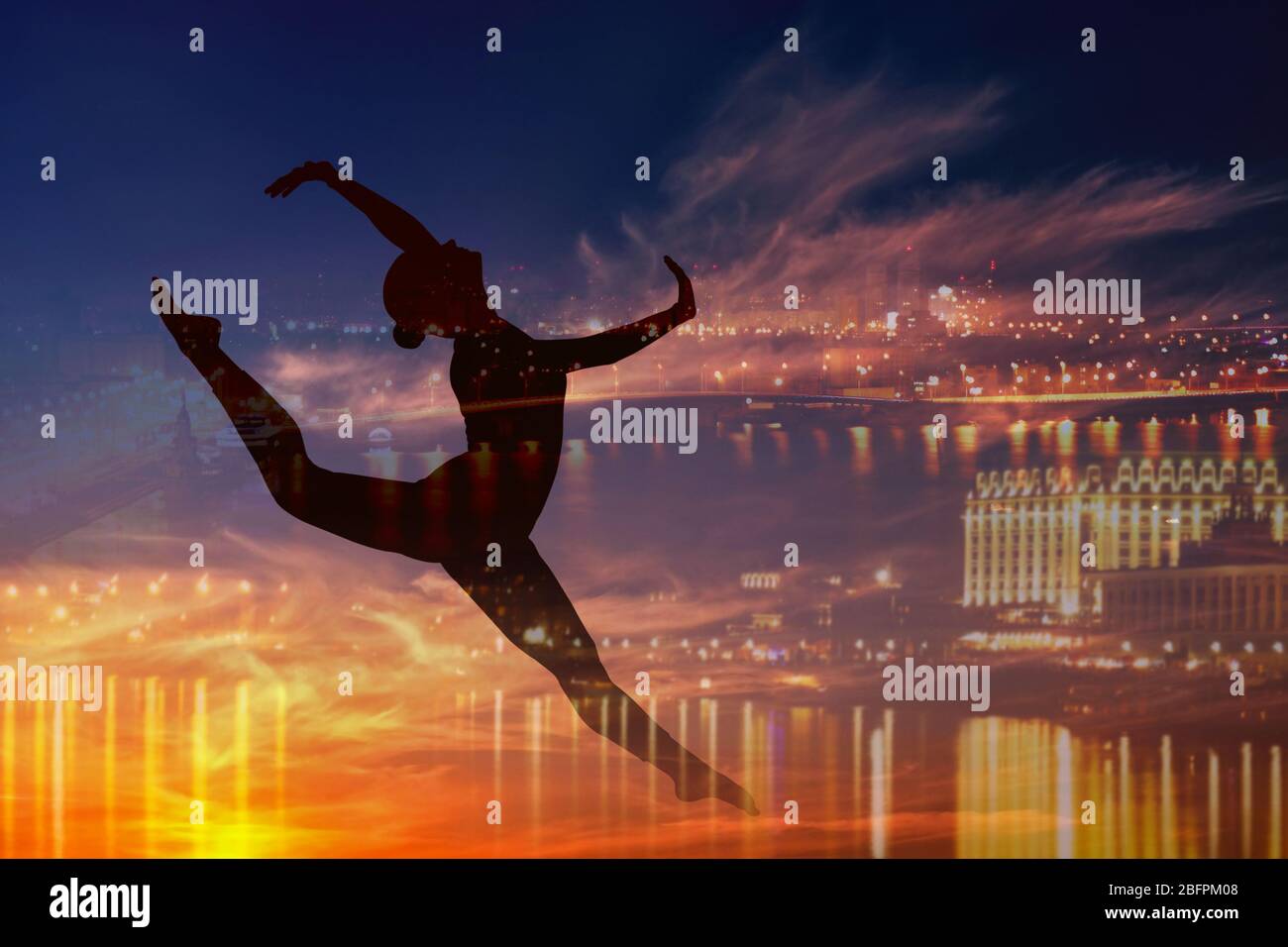 Double exposure of female dancer silhouette and night cityscape Stock ...