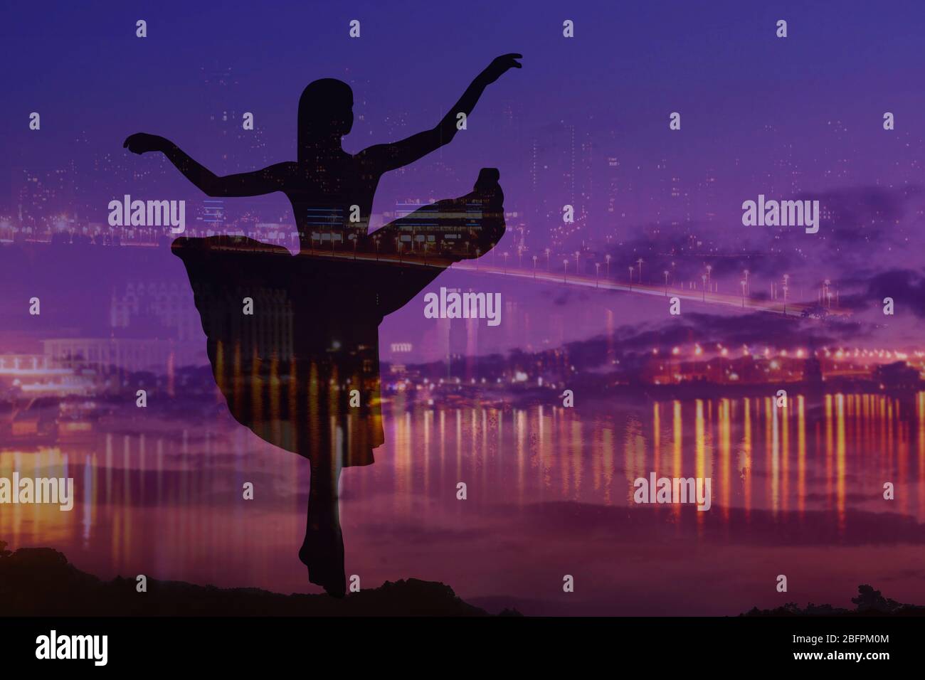 Double exposure of female dancer silhouette and night cityscape Stock ...