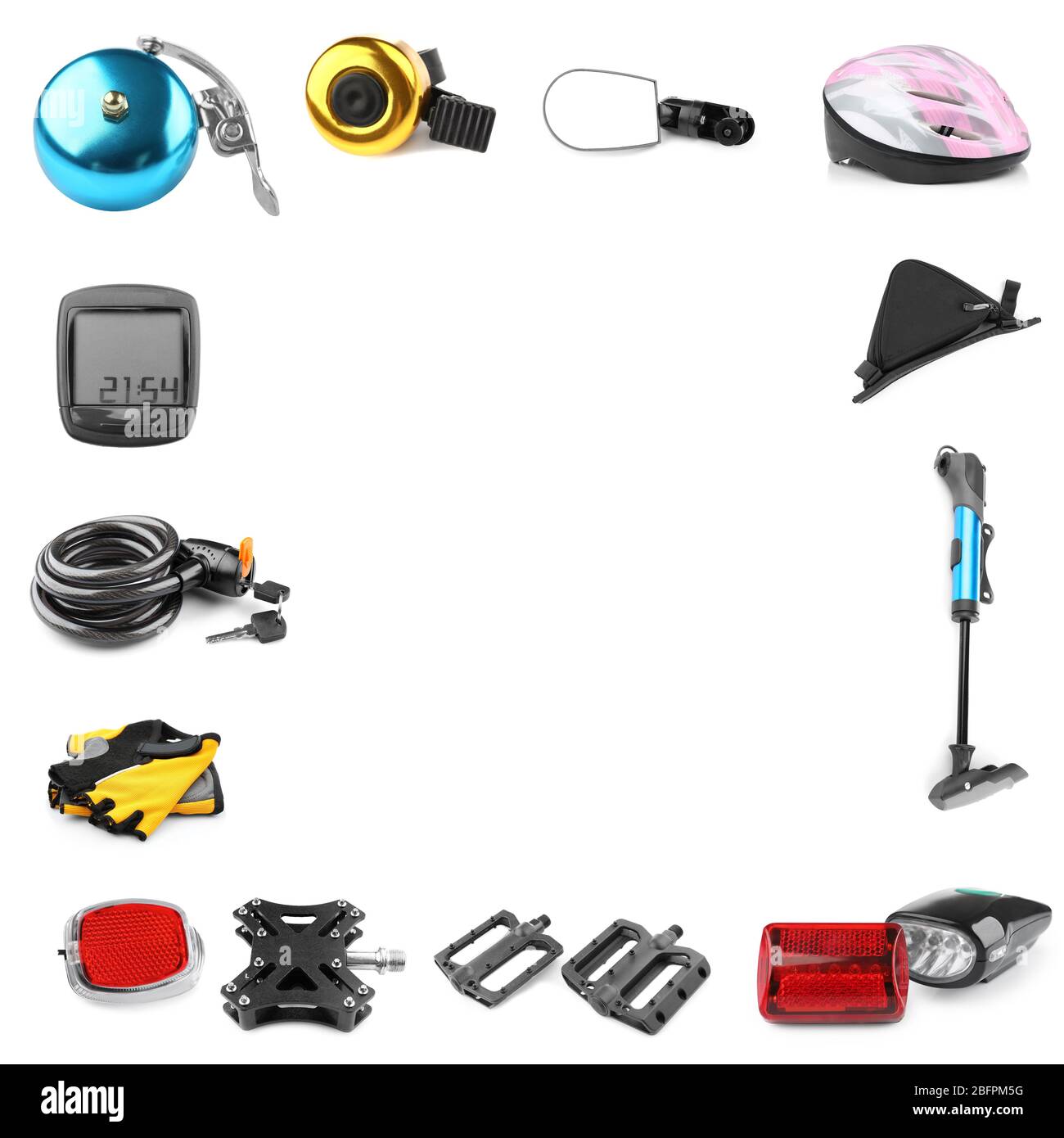 Bicycle parts and accessories on white background Stock Photo - Alamy