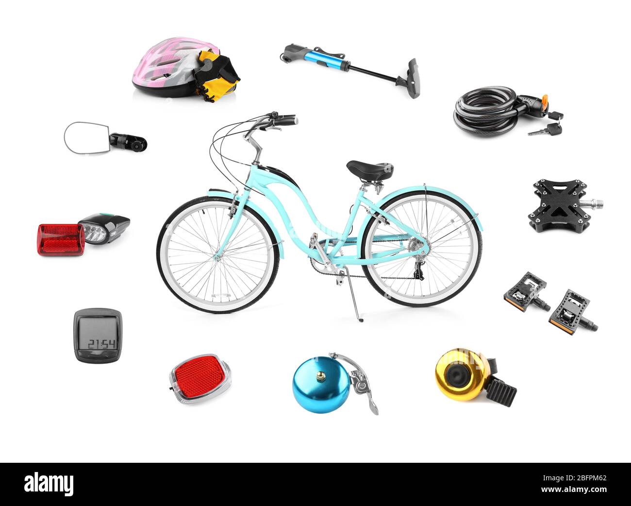 Bicycle with parts and accessories on white background Stock Photo - Alamy