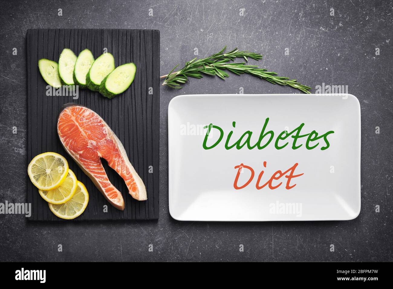 Text DIABETES DIET and healthy food on gray background. Health care ...