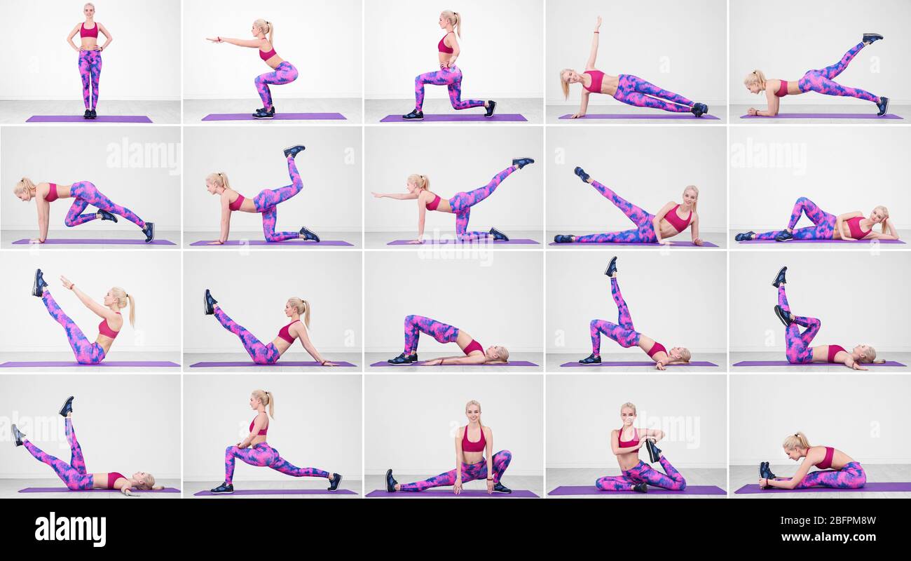 Collage of young woman doing different exercises on light wall ...