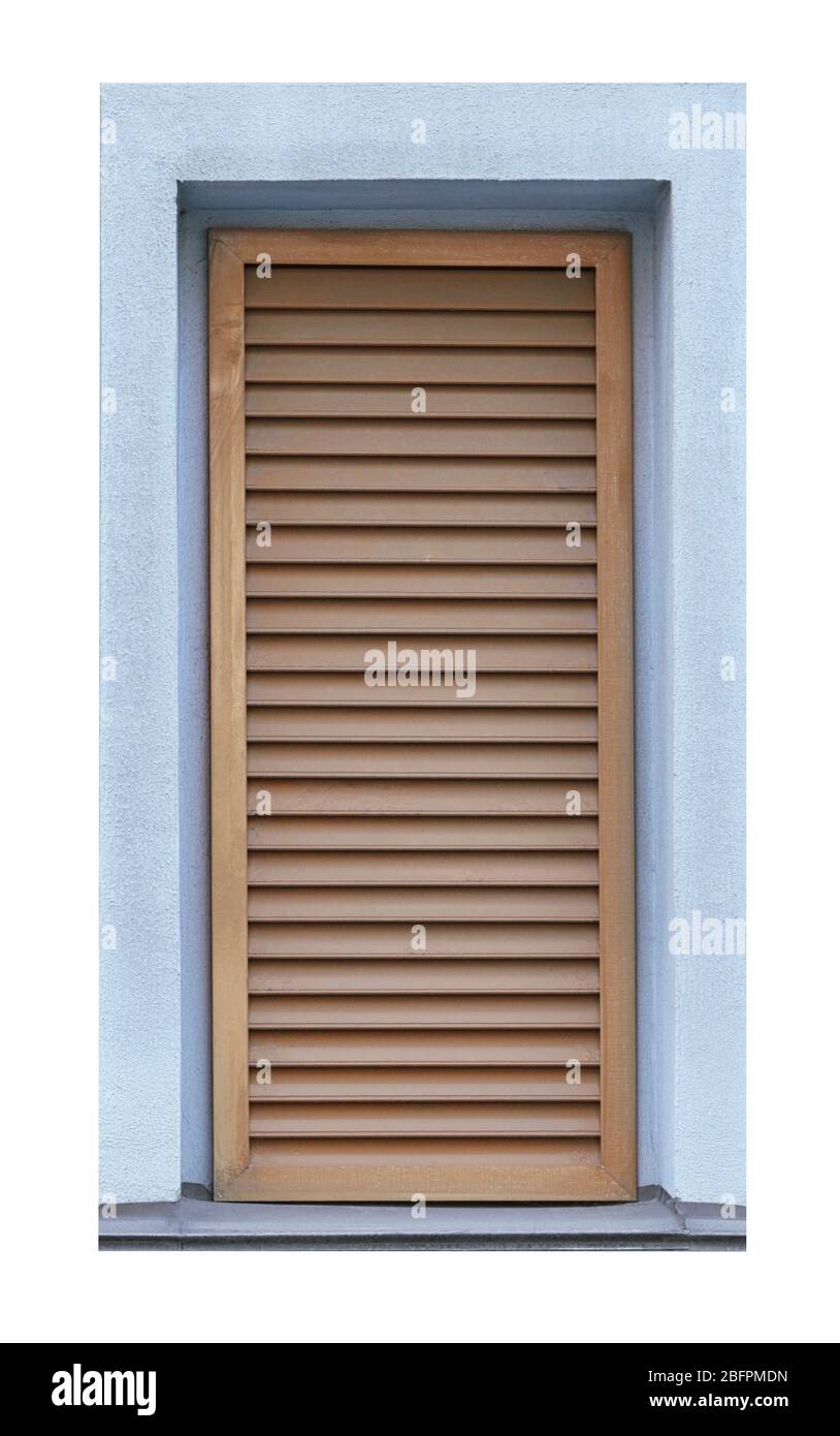 Window with wooden blinds on white background Stock Photo - Alamy