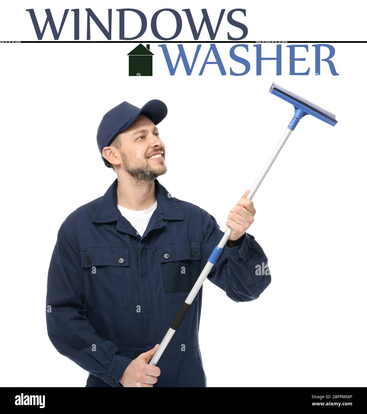 Young window cleaner with squeegee on white background Stock Photo - Alamy